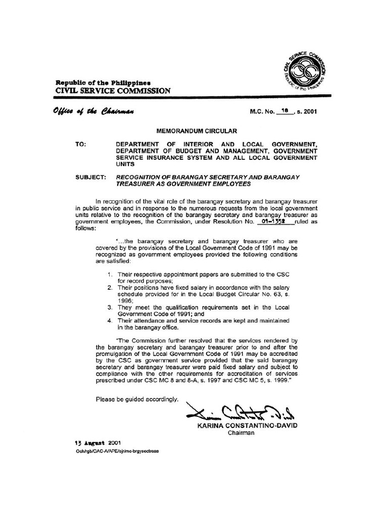 CSC Memo Barangay Sec and Treasurer As Government Officials | PDF