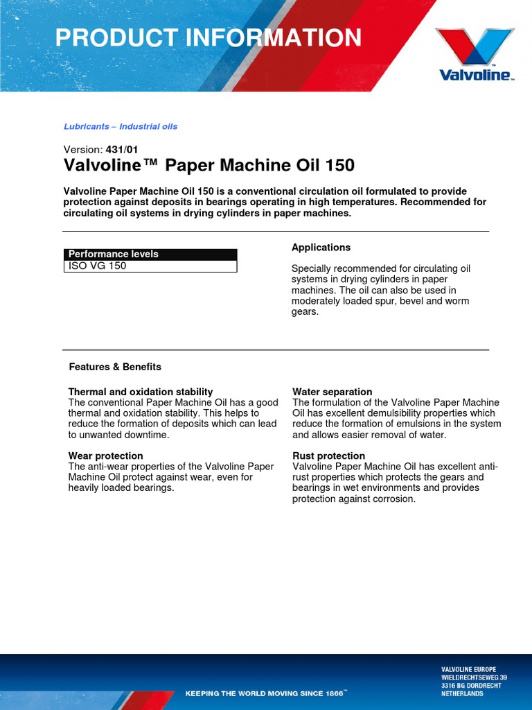 Valvoline Paper Machine Oil - 150 - 431-01 | PDF