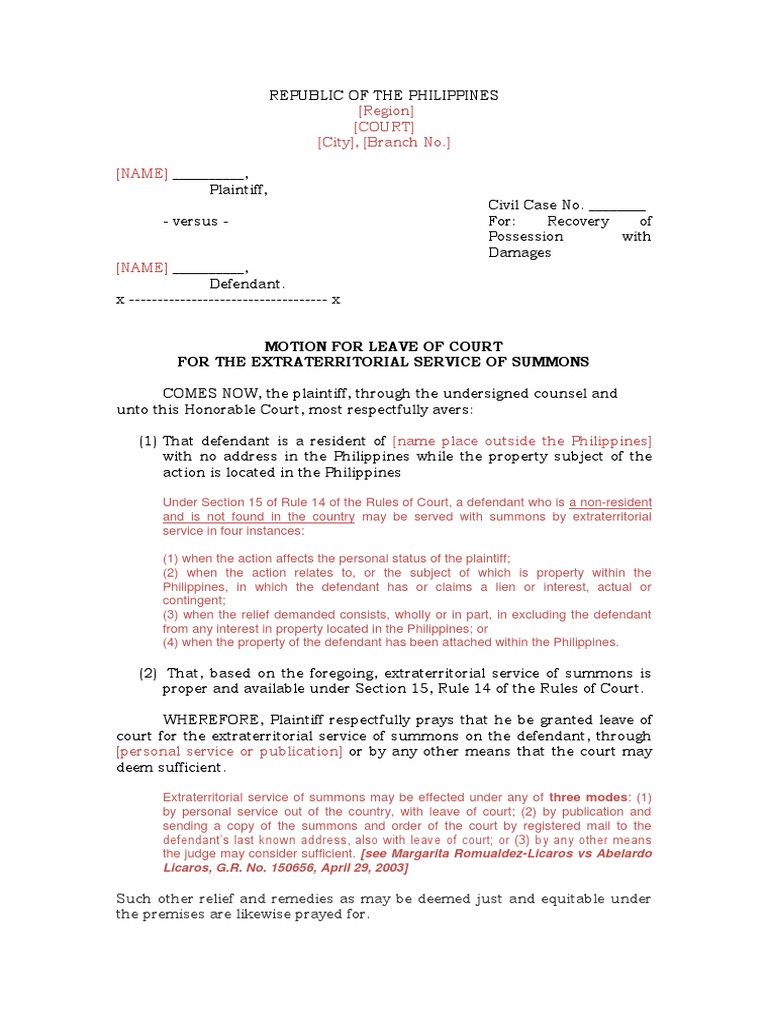 Motion For Leave of Court For The Extraterritorial Service of Summons | PDF