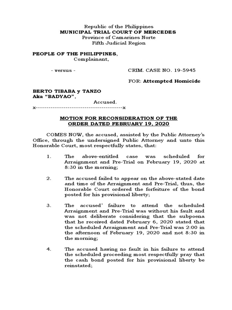 Motion For Reconsideration-Forfeiture of Bail | PDF