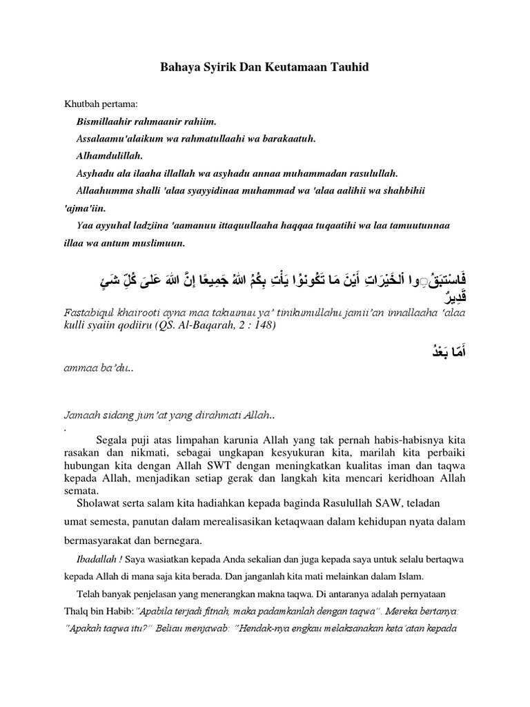 Bahaya Syirik Dan Keutamaan Tauhid | PDF