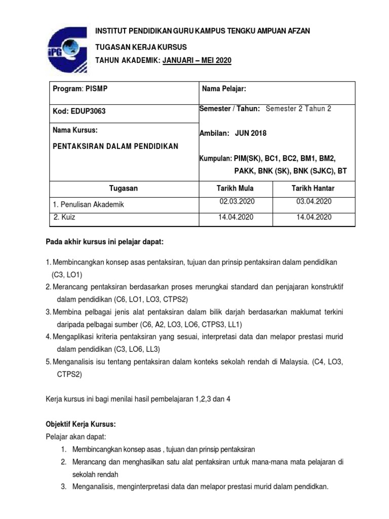 Soalan Kerja Kursus Edup3063-Edisi Pelajar PDF | PDF