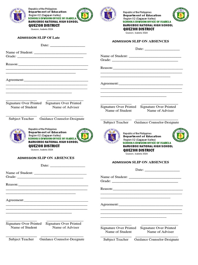 Admission Slip On Absences | PDF