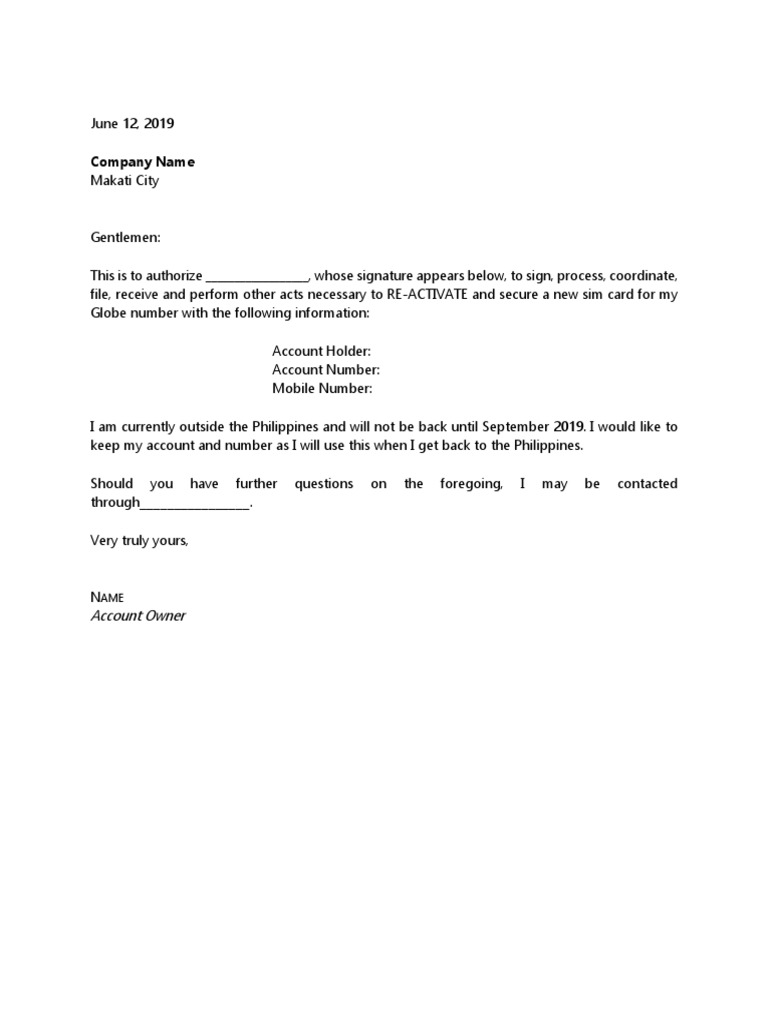 Globe - Authorization Letter | PDF