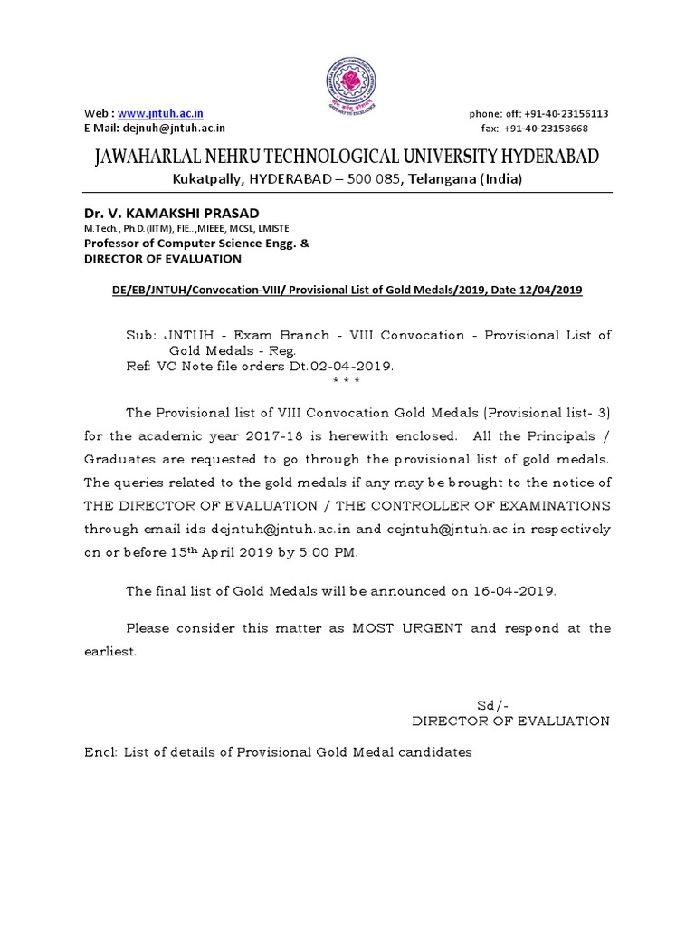 Jntuh Gold Medals Provisional - List3 | PDF