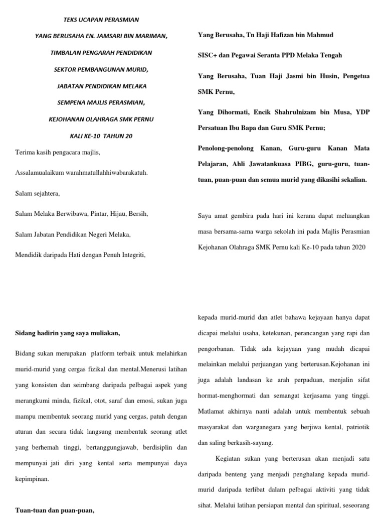 TEKS UCAPAN PERASMIAN Kejohanan Olahraga 2020 | PDF