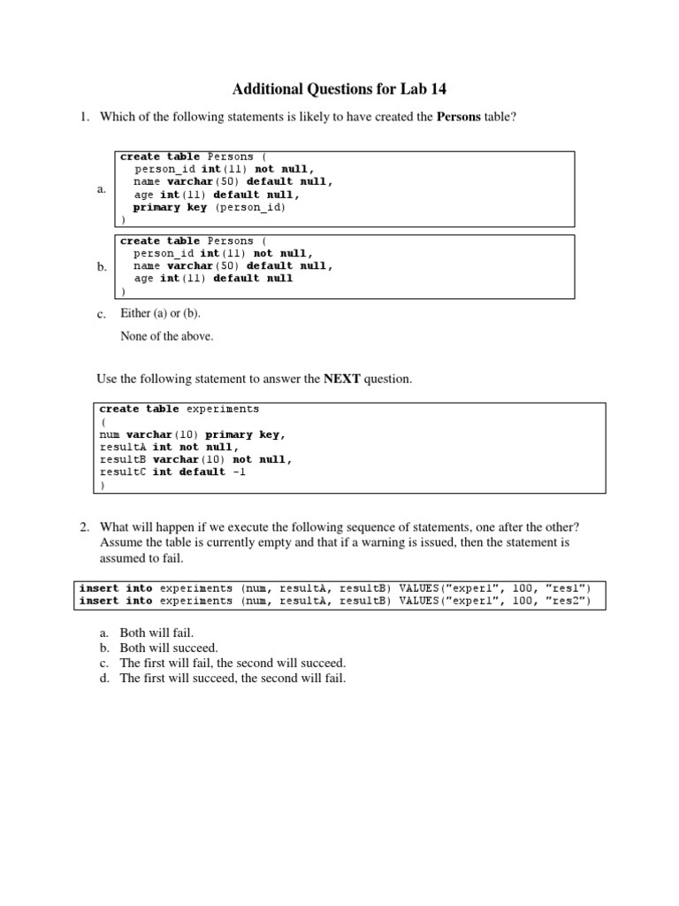 Additional Questions For Lab 14: Either (A) or (B) - None of The Above | PDF | Databases ...
