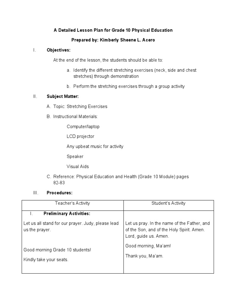 A Detailed Lesson Plan For Grade 10 Physical Education | PDF