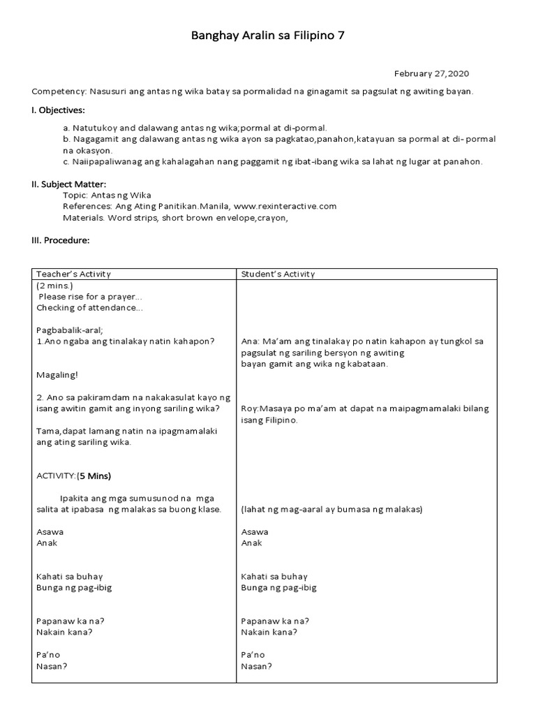Lesson Plan in Filipino 7 | PDF