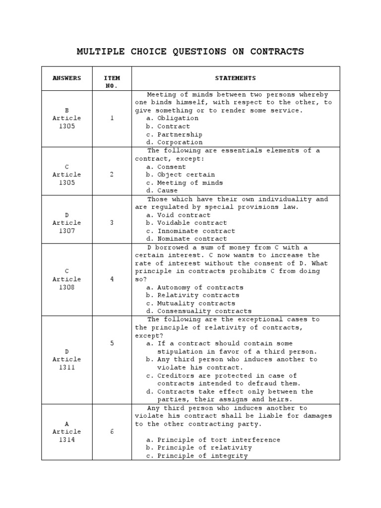 Multiple Choice Questions On Contracts | PDF