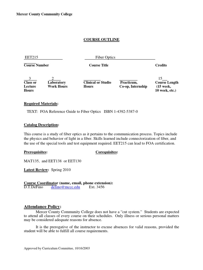 Course Outline: Mercer County Community College | PDF | Optical Fiber ...