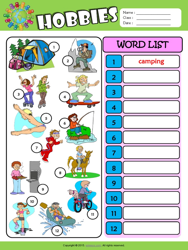 Hobbies Esl Vocabulary Write The Words Worksheet For Kids | PDF