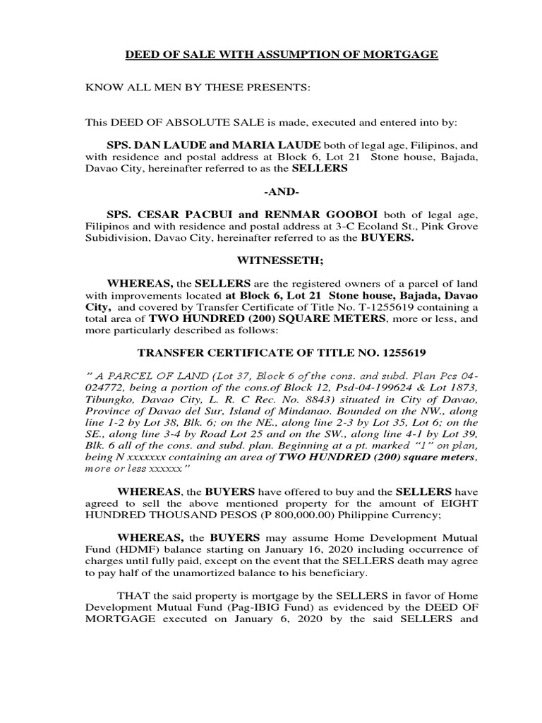 Deed of Sale With Assumption of Mortgage | PDF