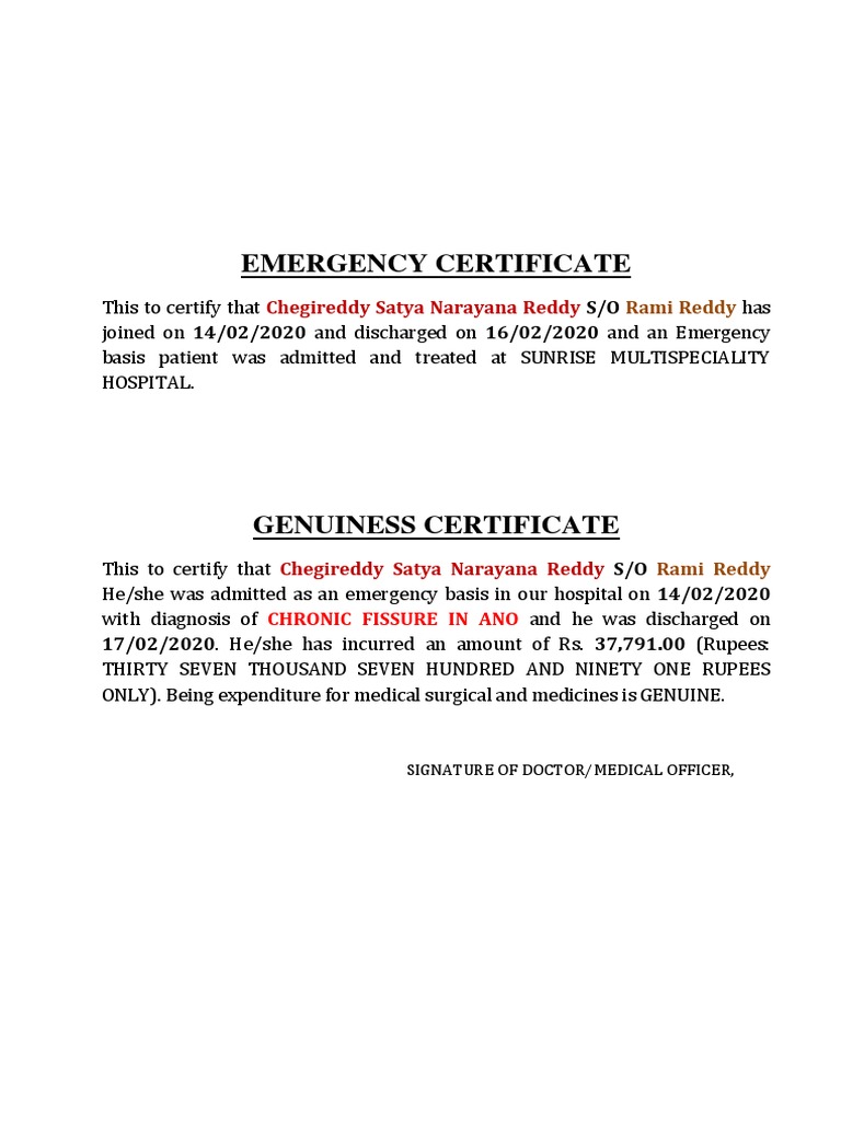 Emergency Medical Certificate for Claim | PDF | Finance & Money Management