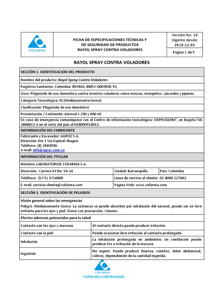 MSDS Rayol Spray Contra Voladores V10 PDF | PDF