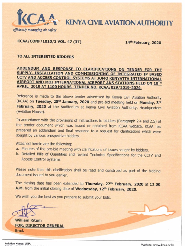 Addendum and Final Clarifications On Tender No. Kcaa-029-2019-2020 PDF ...