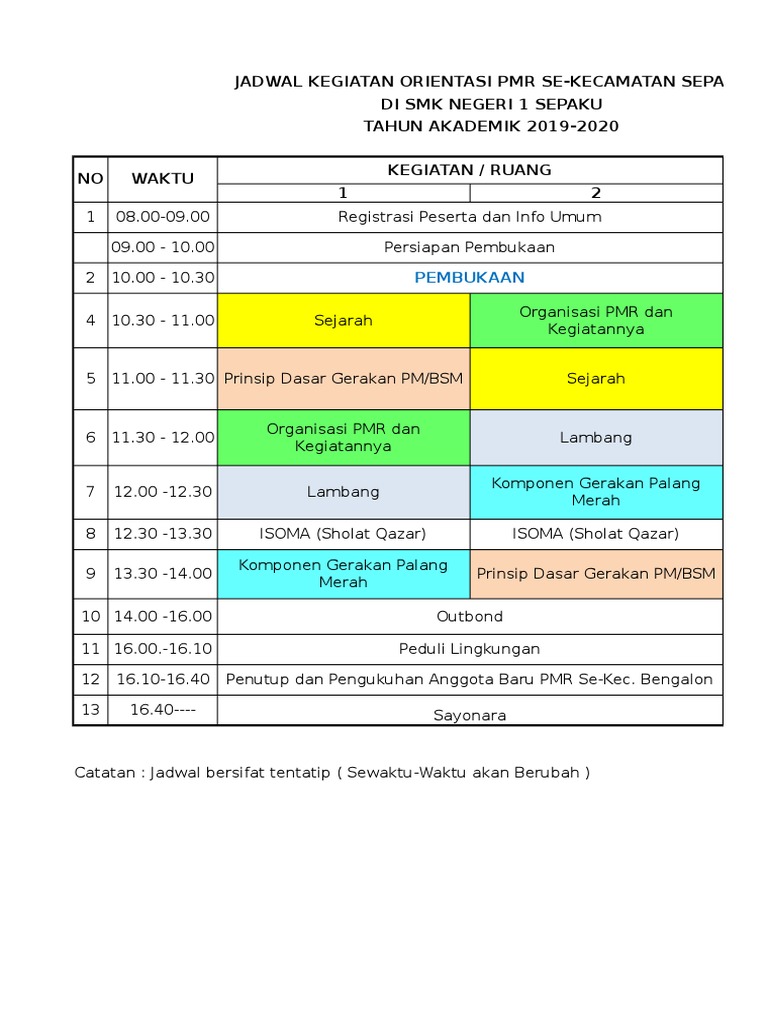 Jadwal Kegiatan Orientasi PMR | PDF