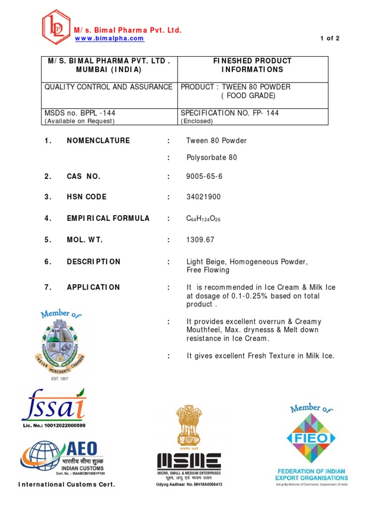 Tween - 80 - Powder - Specification.1802802 (Polysorbate 80 Powder Form ...