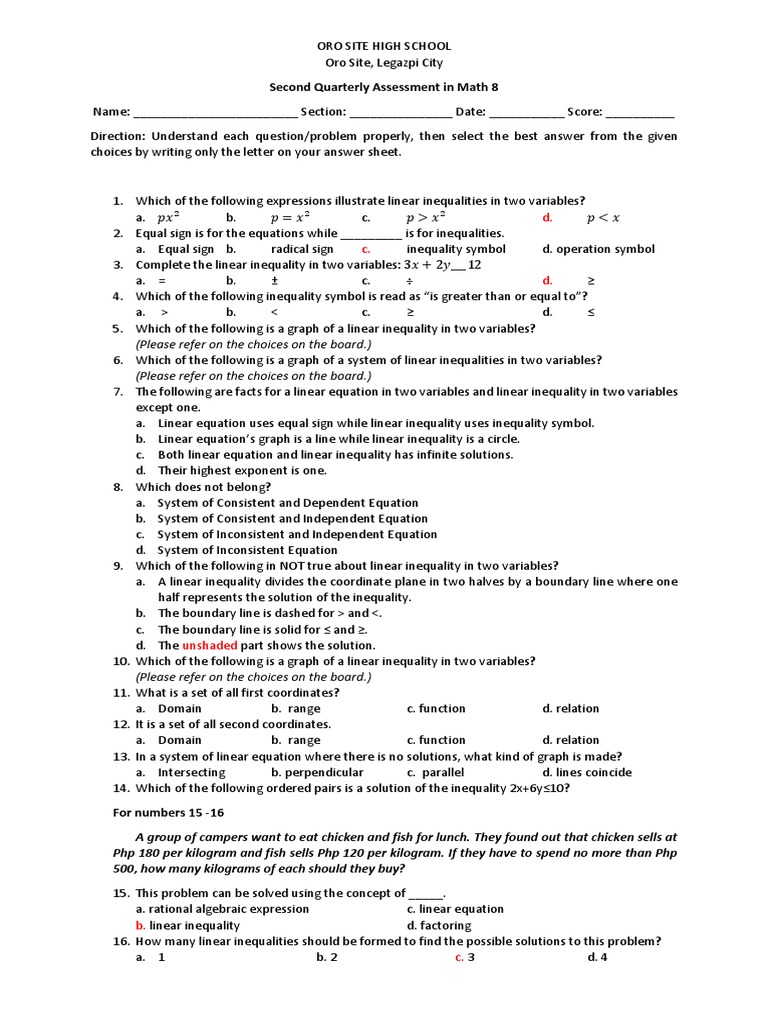 2nd Quarter Exam Math 8 | PDF