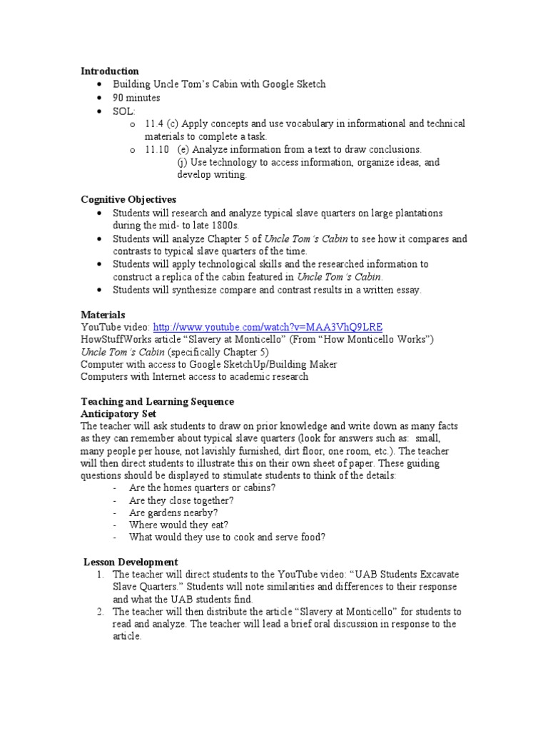 Building Uncle Tom's Cabin Lesson Plan | PDF | Educational Assessment ...