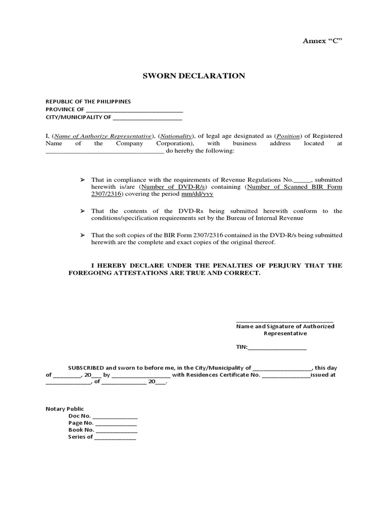 BIR Annex C Sworn Declaration Template | PDF