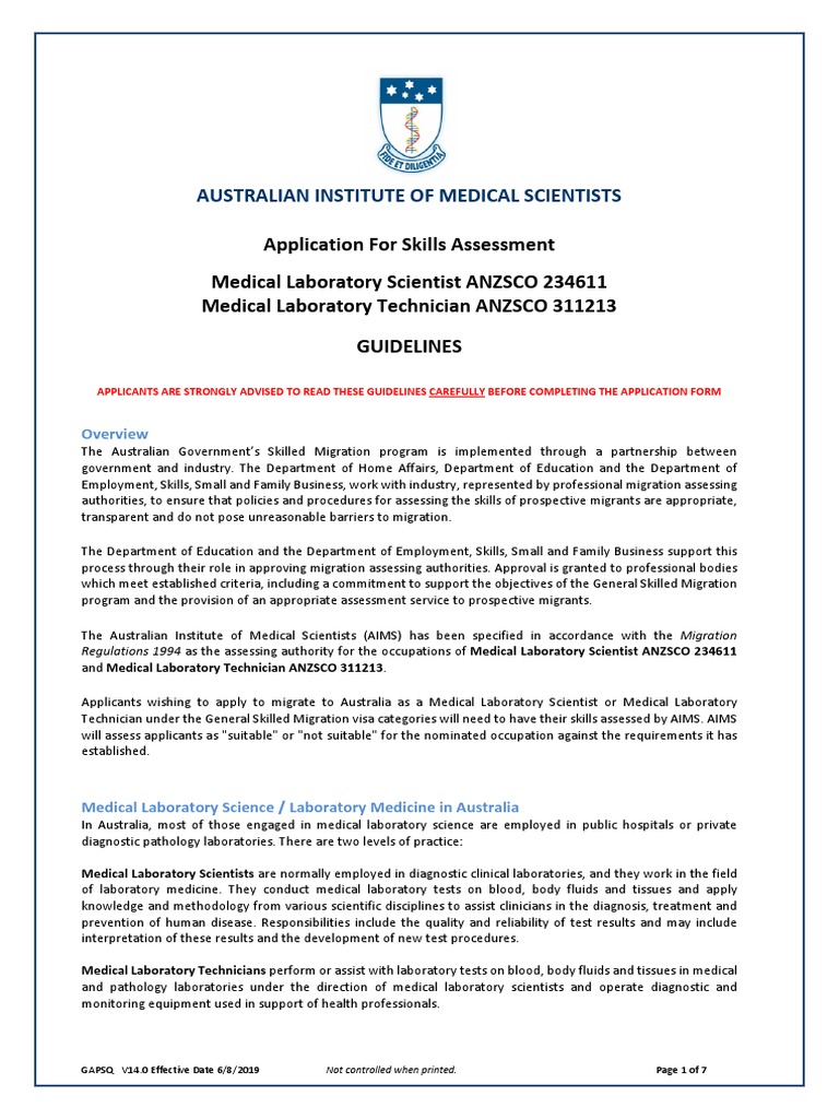 AIMS Skills Assessment Guidelines - MLS MLT | PDF