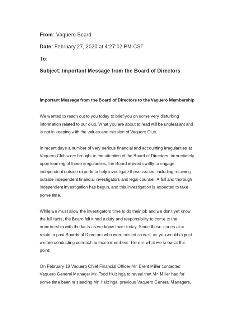 Vaquero Board Letter To Members On Special Assessment | PDF