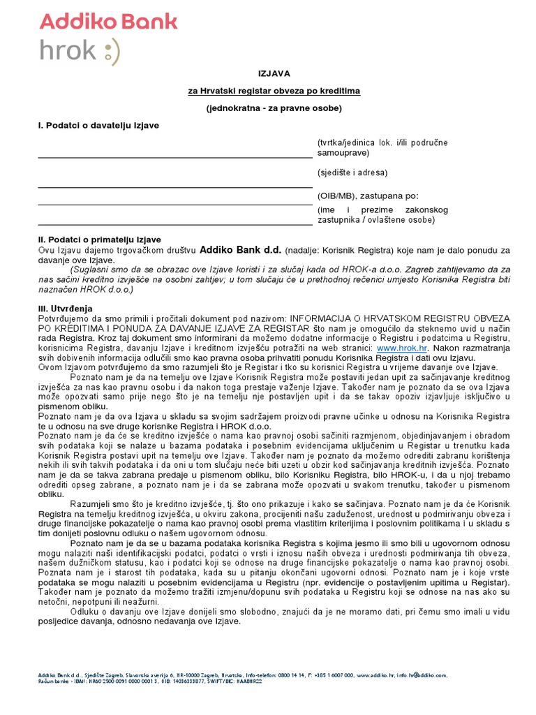 HROK - Jednokratna Izjava Za Pravne Osobe | PDF