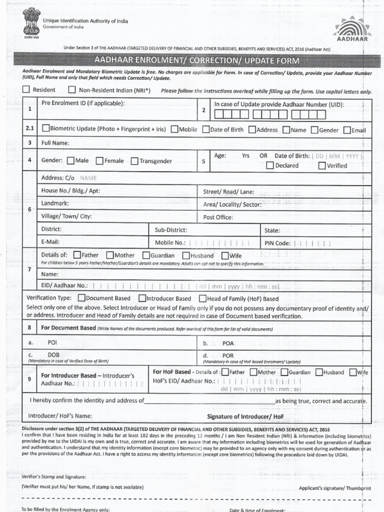 Aadhaar Enrolment Form & Instructions PDF | PDF