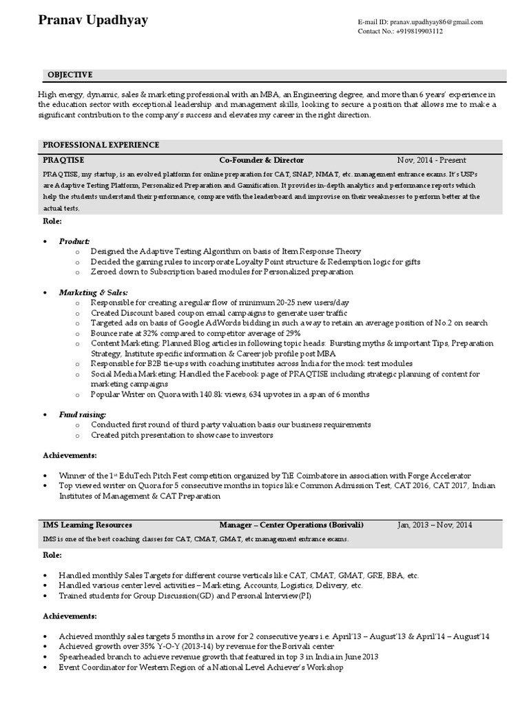Pranav Upadhyay Resume Pdf Graduate Management Admission Test Itil