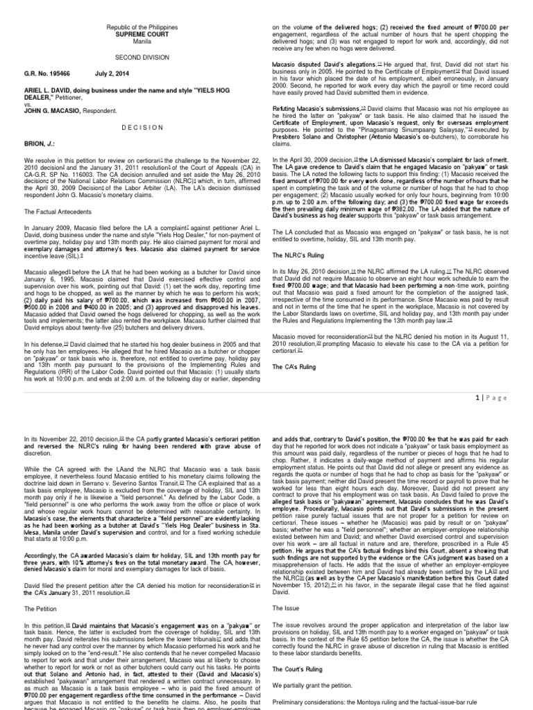 David V Macasio (GR No. 195466 02 July 2014) | PDF | Overtime | Employment