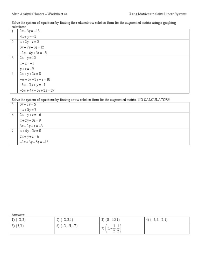 Worksheet 44 - Using Matrices To Solve Linear Systems