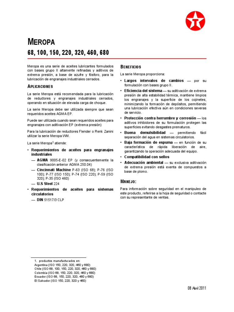Meropa - 68 150 220 320 460 680 | PDF | Engranaje | Lubricante