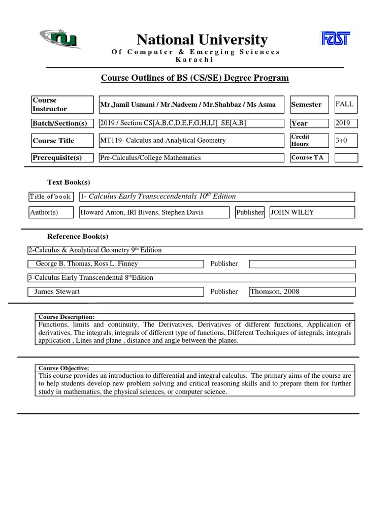 Calculus and Analytic Geometry - Course Outline Fall 2019 - 2 PDF | PDF ...