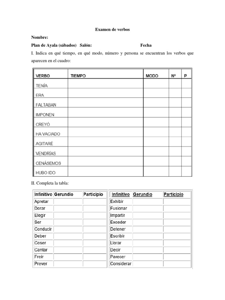 Examen de Verbos | PDF | Verbo | Gramática