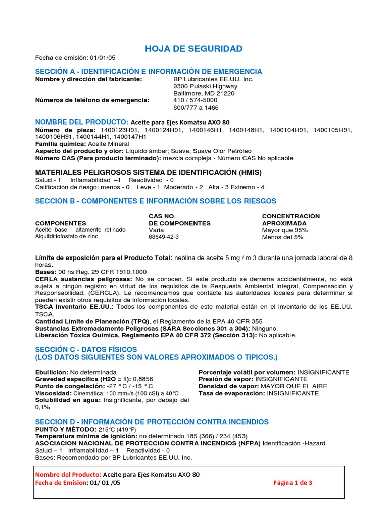 Komatsu Axle Oil AXO80 - MSDS Esp | PDF | Combustión | Agua
