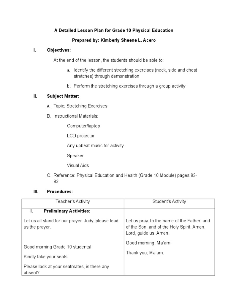 A Detailed Lesson Plan For Grade 10 Physical Education | PDF | Physical ...
