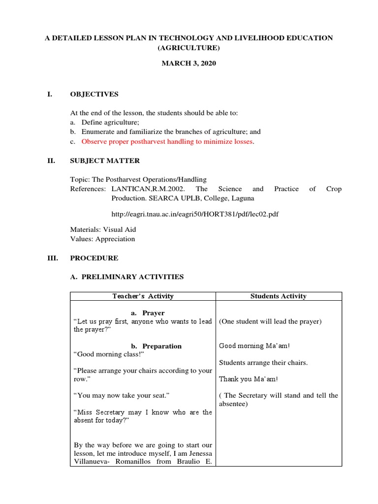 Detailed Lesson Plan in Agriculture | PDF | Postharvest | Vegetables