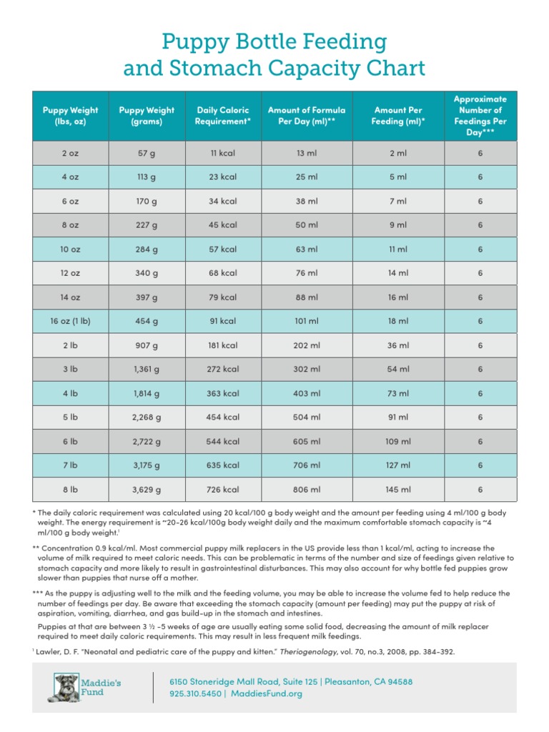 Puppy Bottle Feeding and Stomach Capacity Chart PDF | PDF | Calorie ...