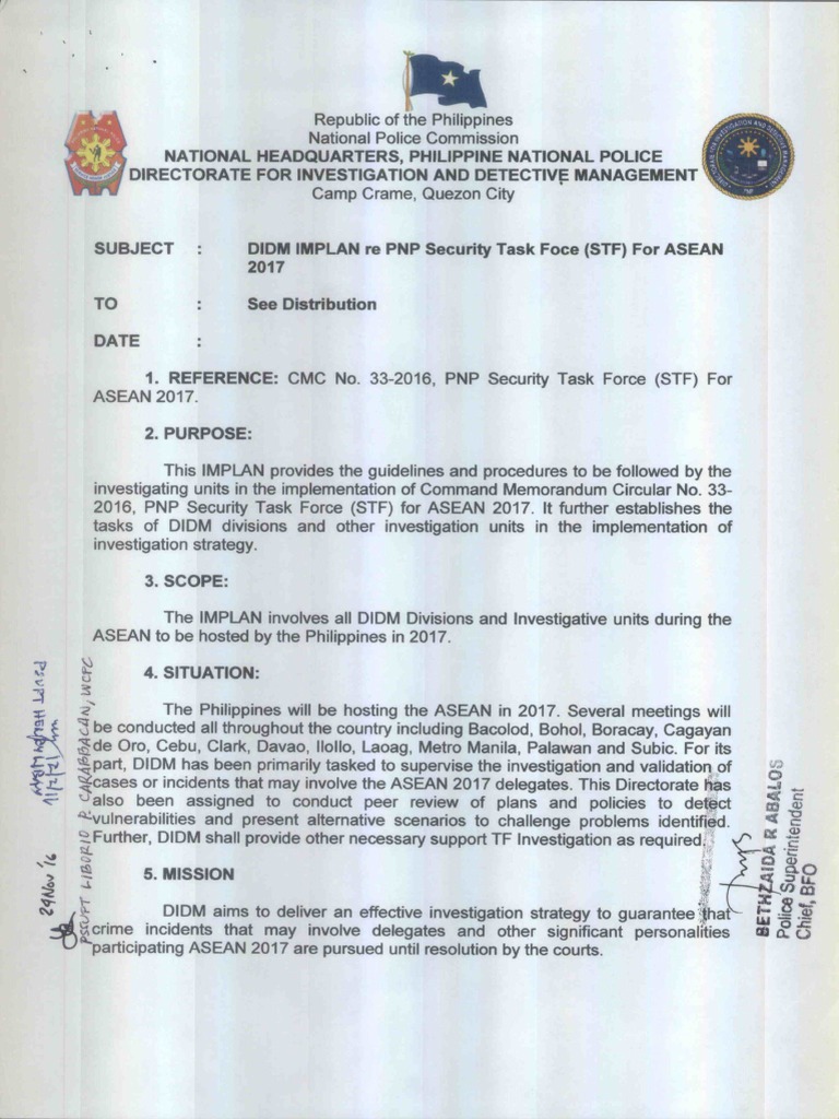 DIDM IMPLAN Re PNP Security Task Force (STF) For ASEAN 2017 PDF | PDF