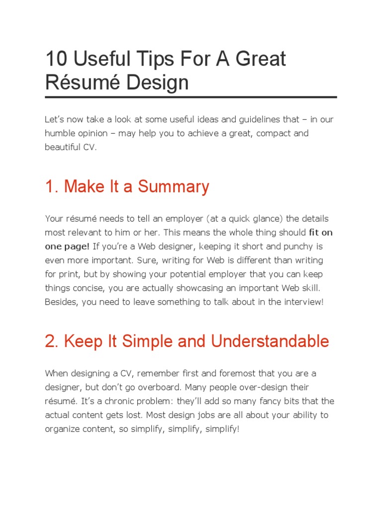 10 Useful Tips For A Great Résumé Design: 1. Make It A Summary | PDF ...