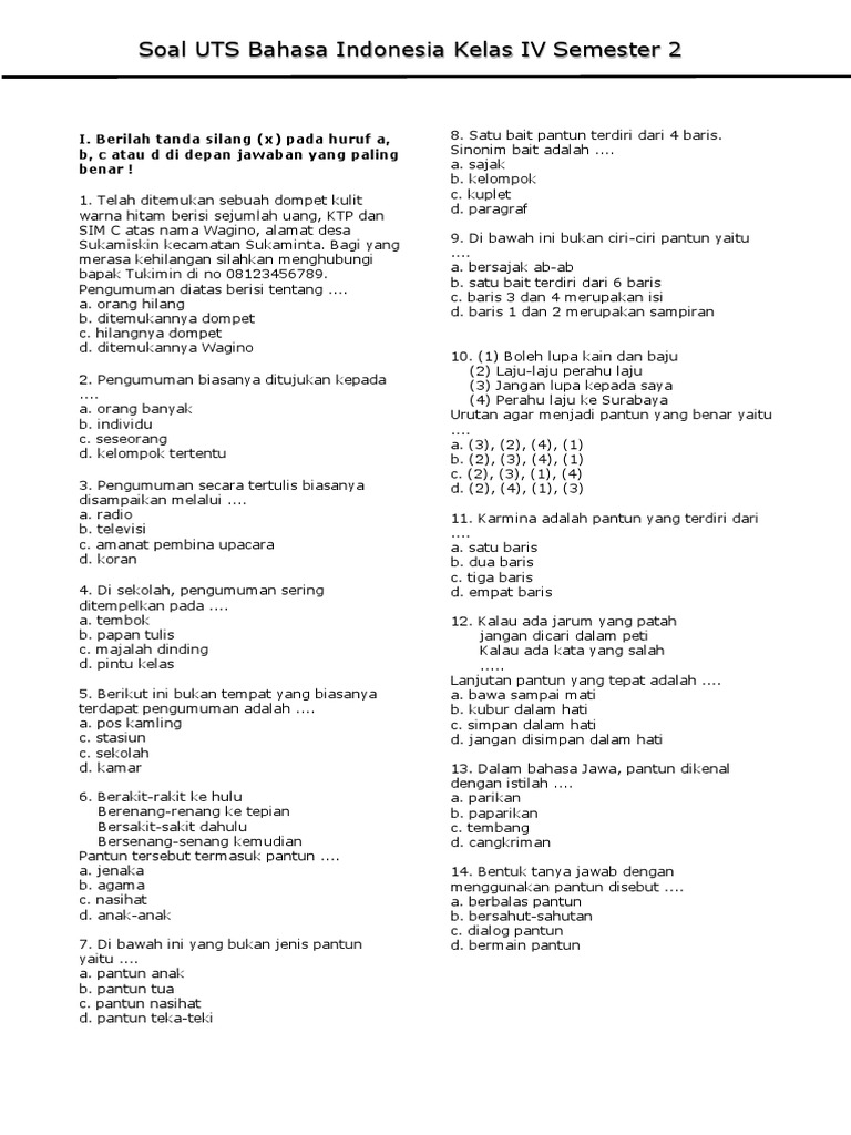 Soal UTS BI Kelas 4 Semester 2 | PDF | Puisi | Fiksi Umum
