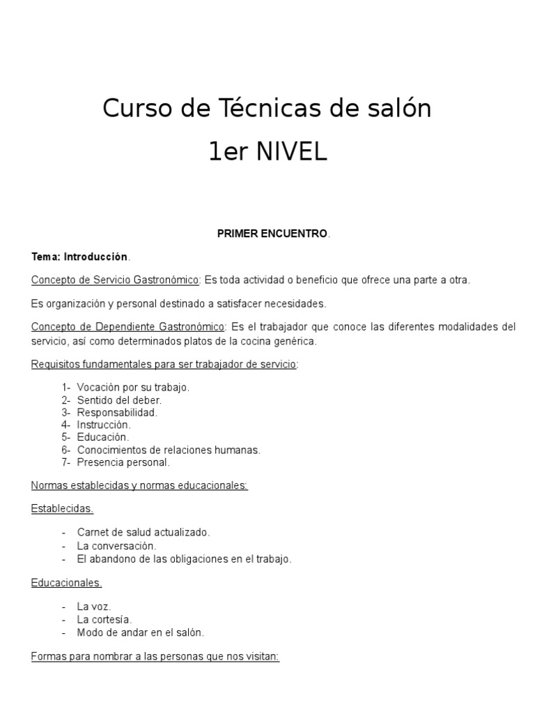Curso de Técnicas de Salón | PDF | Almuerzo | Bar