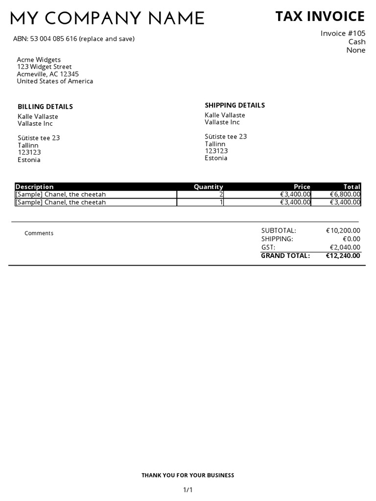 Invoice for Sample Cheetah Products from Acme Widgets to Vallaste Inc ...