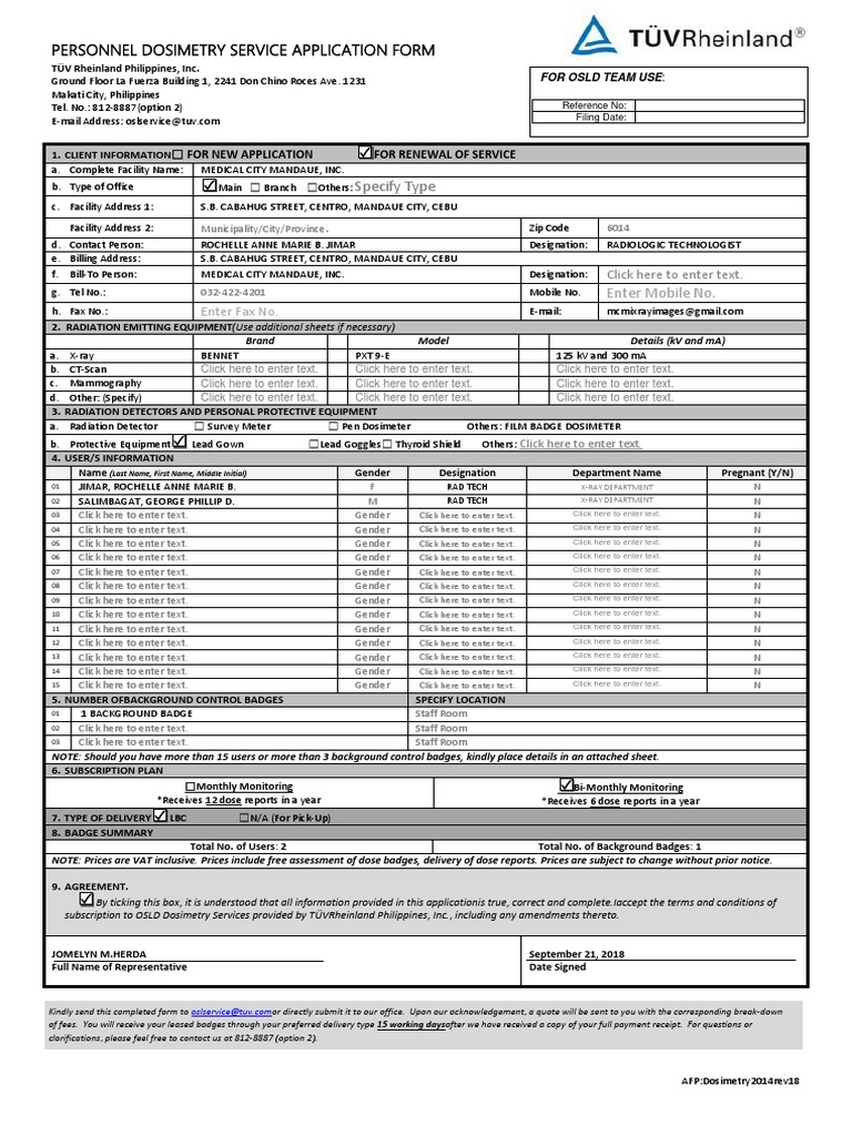 Medical City Mandaue Dosimetry Form | PDF | Dosimetry | Ionizing Radiation