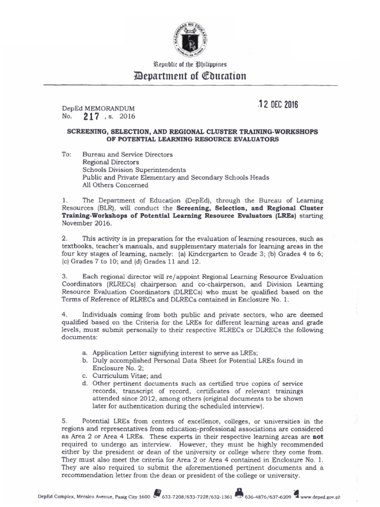 DepED Memorandum No. 217 s.2016 PDF | PDF