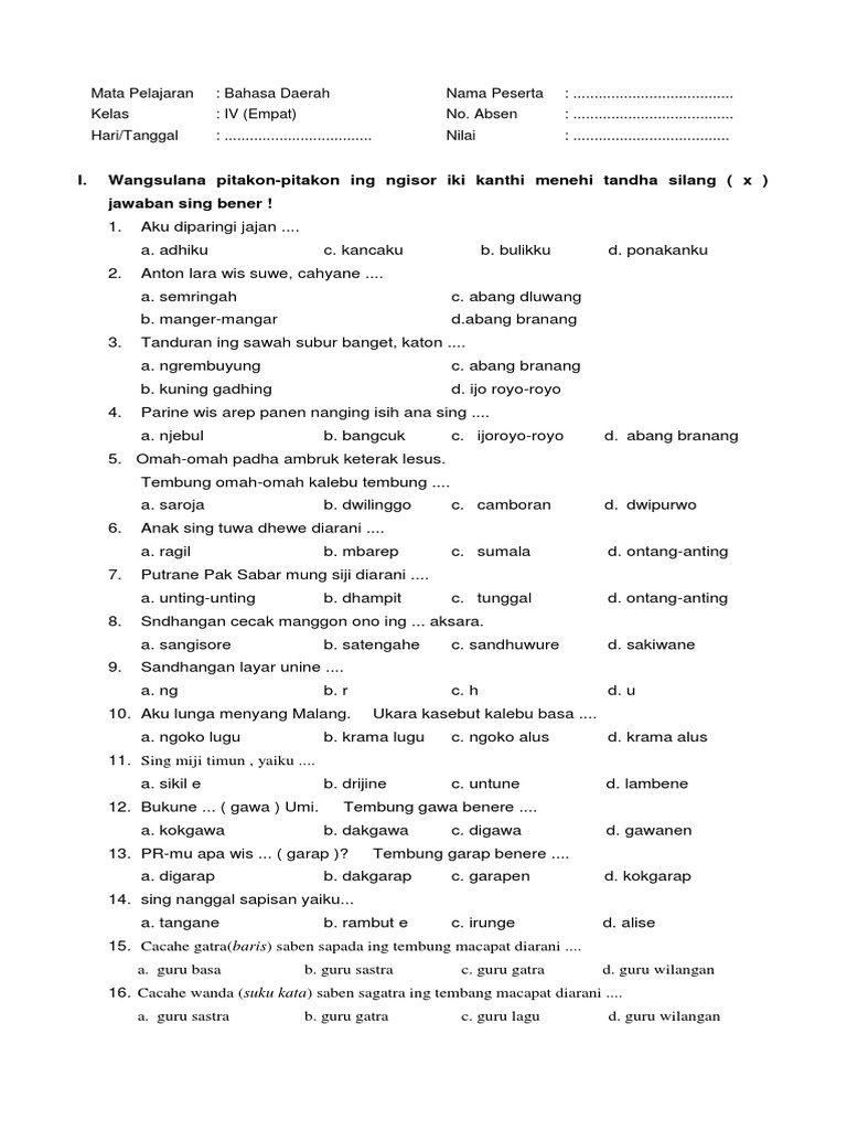 Soal PTS Genap Mulok Bhs Jawa Kelas 4 | PDF | Kajian Bahasa Asing | Seni