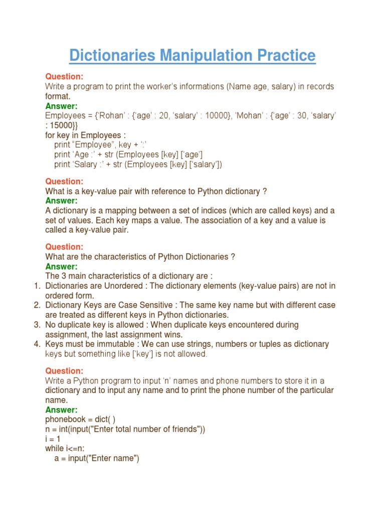 Dictionaries Manipulation Practice | PDF | Computer Programming | Software Engineering