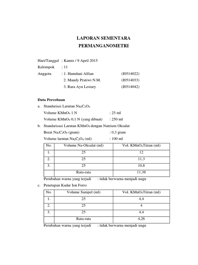 Laporan Sementara Permanganometri | PDF