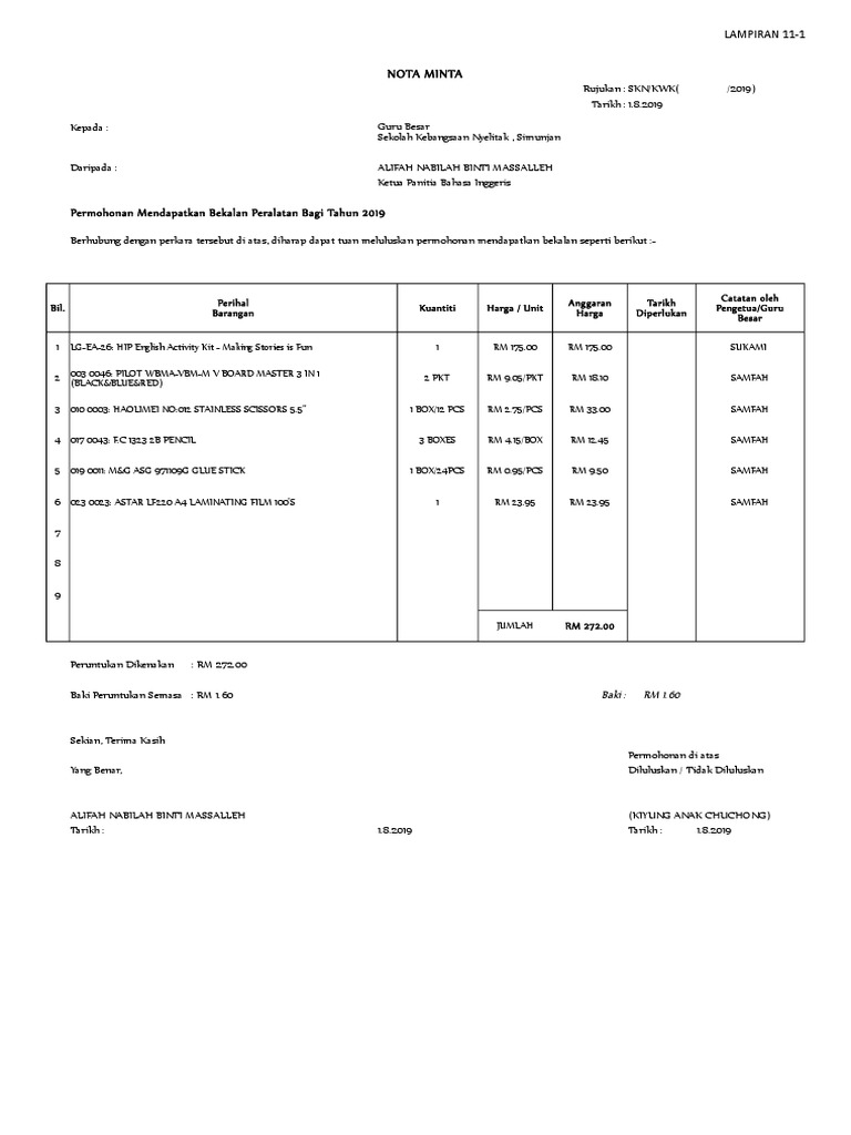Nota Minta PANITIA SAINS 2019 | PDF